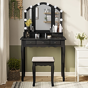 Tiptiper Makeup Vanity with Lights, Vanity Desk with 10 Light Bulbs & 3 Color Lighting Modes, Vanity Table with 5 Drawers and Cushioned Stool, Makeup Table with Tri-Fold Mirror for Women Girls, Black