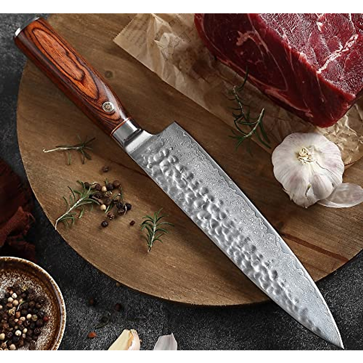 wonhag Damascus Chef Knife Professional VG10 Stainless Steel Cleaver Damascus 8 Inch Chef Knife Brown Handle Gift Box