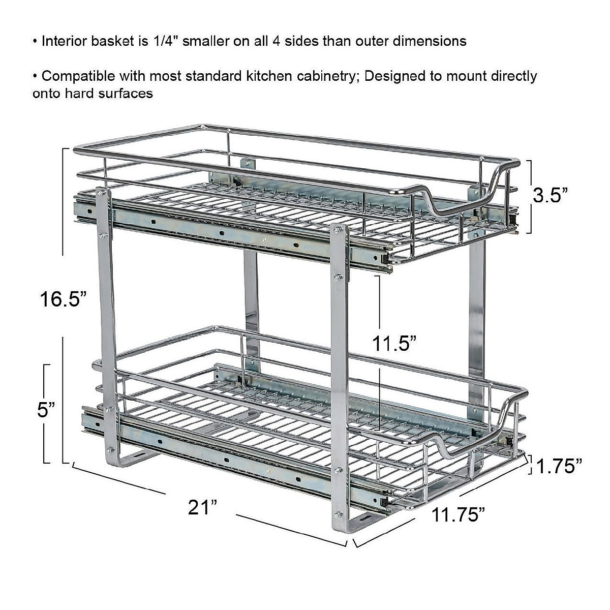 Household Essentials Glidez Slide Out Cabinet Organizer, 11.5” Wide, Durable Chrome-Plated Steel Frame, Dual Baskets and Smooth Glides, Heavy-Duty and Space-Optimizing, Simple Assembly and Installation, Chrome