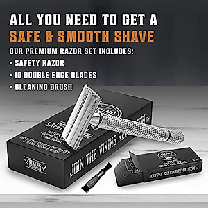 Viking Revolution Long Handle Double Edge Safety Razor - Butterfly Open Razor with 10 Japanese Stainless Steel Double Edge Safety Razor Blades - Close, Clean Shaving Razor for Men (Chrome Metal Razor)