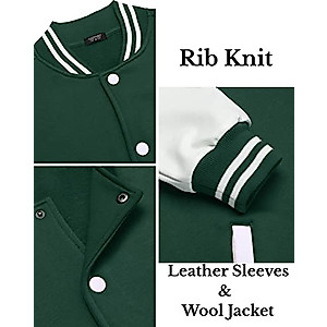 COOFANDY Men's Varsity Jacket Leather Sleeves Letterman Baseball Bomber Jackets Winter Green Medium