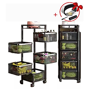 5-Tier Rotating Storage Rack, Fruit and Vegetable Cart, Fruit Basket for Kitchen, Pantry Storage Cart, Rotating Storage Rack, Rotating Storage Shelf, Fruit Rack with Wheels + Free Garlic Press Mincer