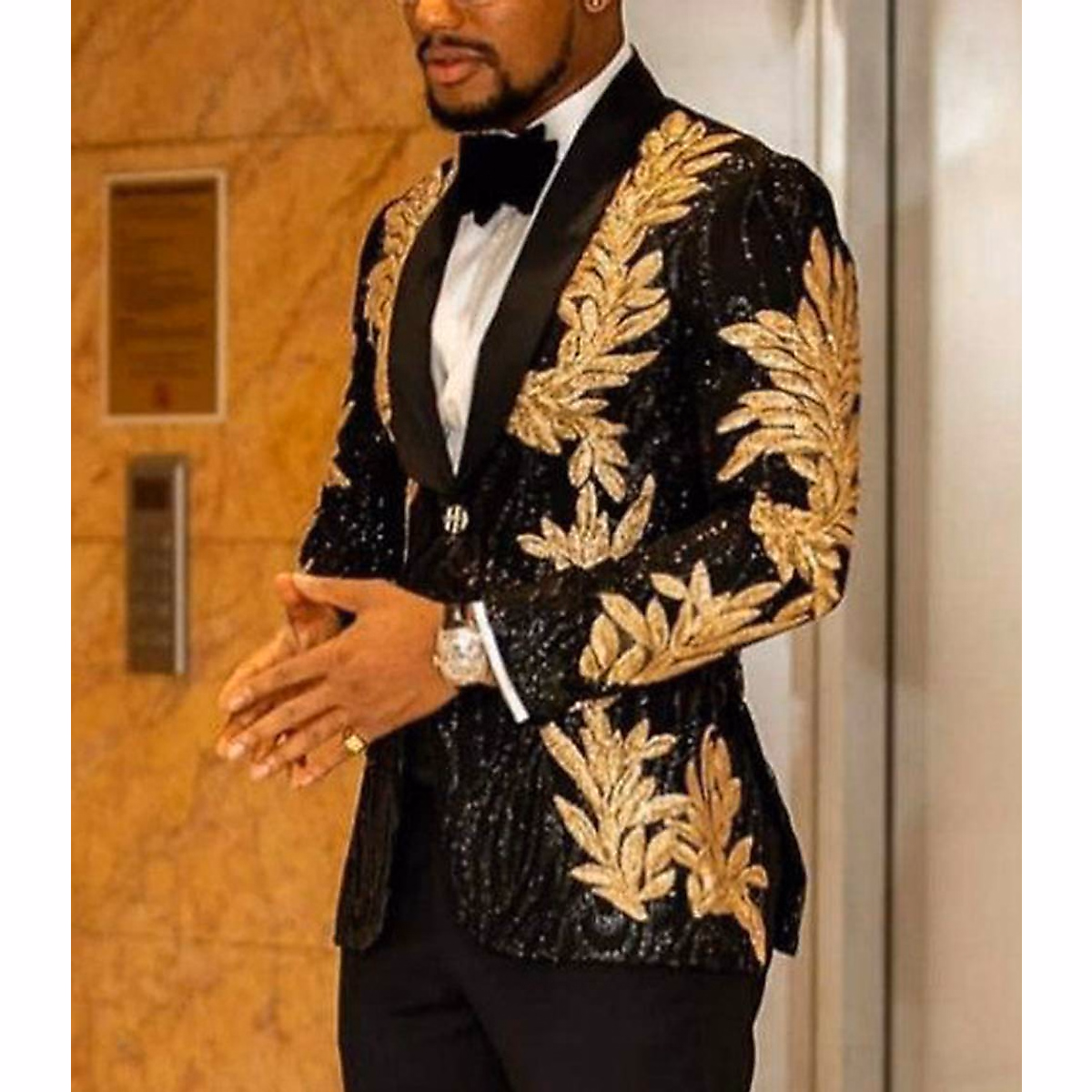 Lovee Tux 2 Pieces Men's Shiny Sequins Gold Applique Suits Prom Tuxedos Grooms Jacket Wedding Party Suits (Blazer+Pants)(34,Black)