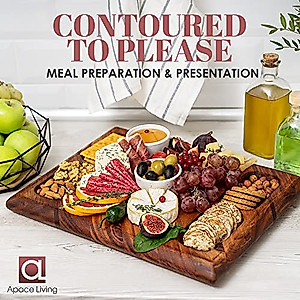 Contour Wood Cutting Board - Large Acacia Butcher Block Chopping Board for Kitchen w/Stand, Sustainable Wood, Juice Groove - Doubles as 4 Compartment Serving Board - Apace Living 17x13x1.5