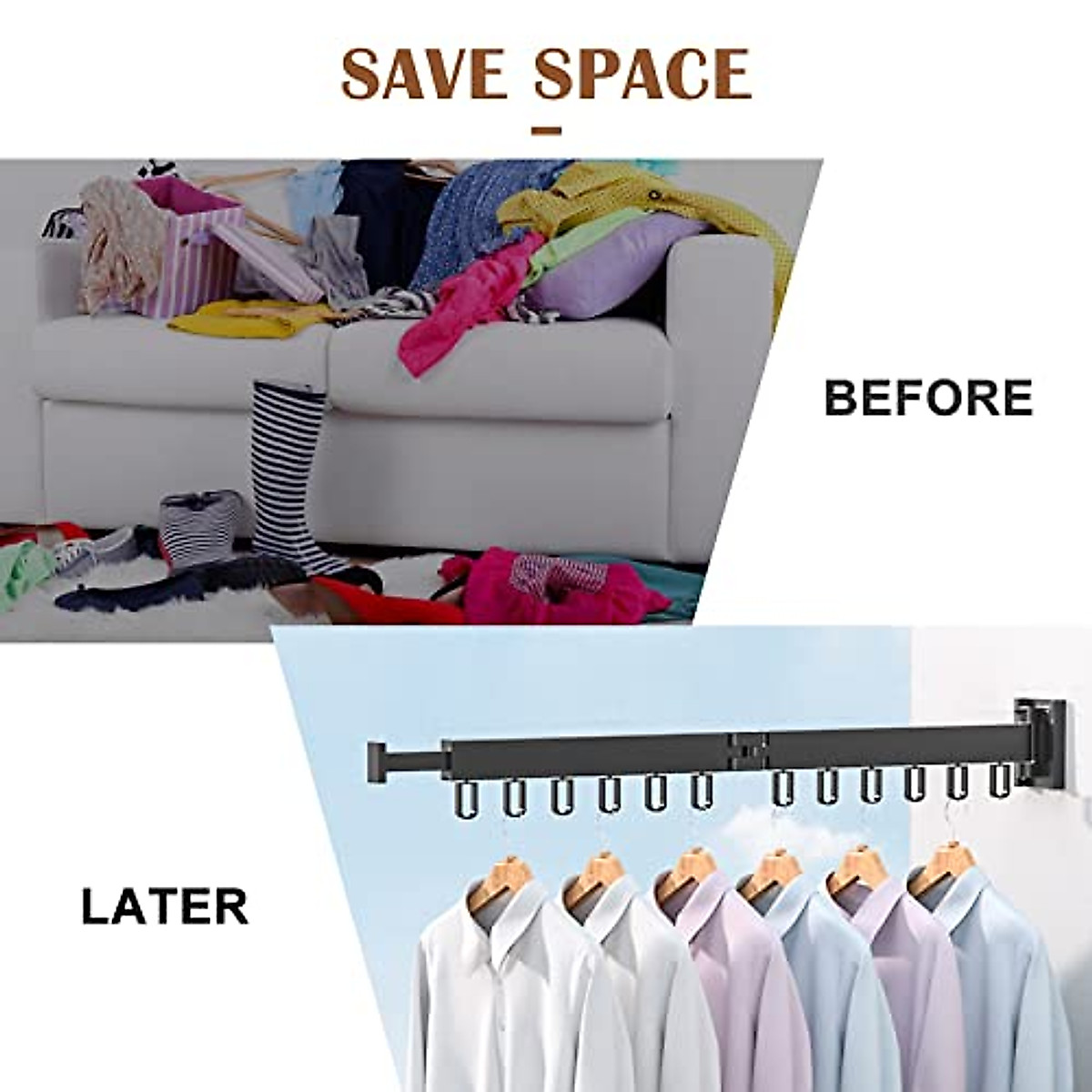 Clothes Drying Rack, Wall Mounted Clothes Hanger Collapsible Clothes Dry Racks with 12 Clothes Pegs for Balcony Mudroom Bedroom (90cm)