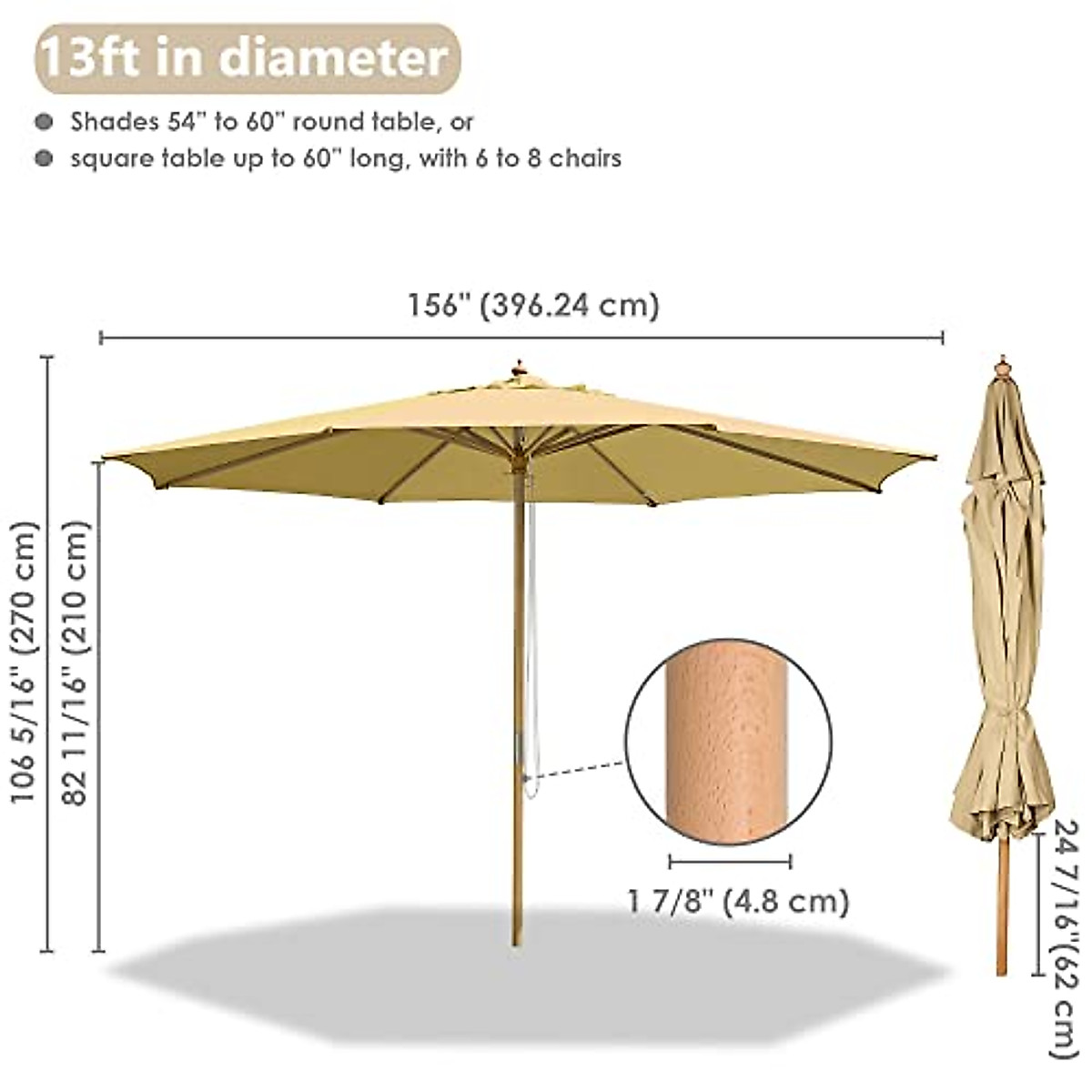Yescom 13ft XL Outdoor Patio Umbrella w/ German Beech Wood Pole Beach Yard Garden Wedding Cafe Garden (Beige)