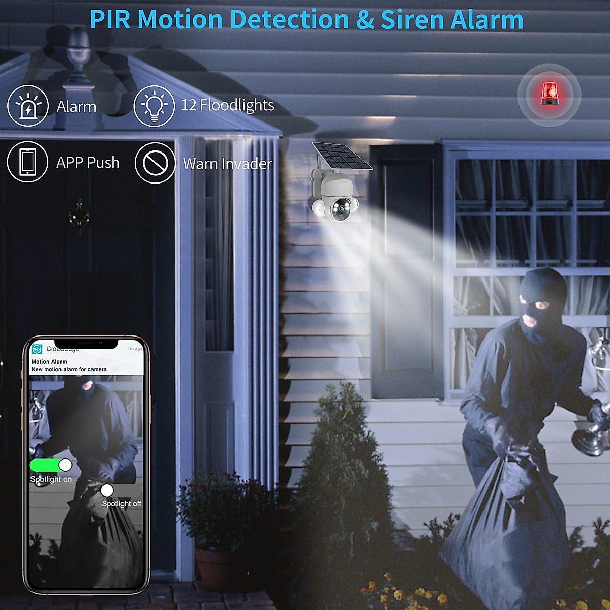 Xparkin Solar Security Cameras Wireless Outdoor, 4MP Home Security 2.4G WiFi Camera with PIR Motion Detection & Floodlight, IP66 Home Security Cameras for Garden Front/Back Yard - No Socket Needed