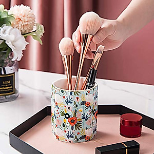 Jwest Pen Holder, Makeup Brush Holder Ceramic Shiny Gold Floral Pattern Pencil Cup for Girls Kids Women Durable Stand Desk Organizer Storage Gift for Office, Classroom, Home Mint Flowers