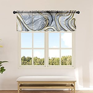 Chees D Zone Chiffon Window Valance Kitchen Curtains White Gray Abstract Marble,Rod Pocket Tier Curtain Light Filter Panel,Gold Foil Line Art Windows Valances Drapes for Bedroom,Bathroom 54x18In