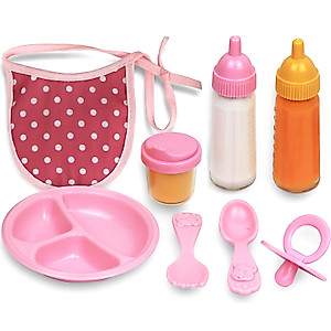 Click N' Play 8-pc Baby Doll Feeding Set w/Accessories | Baby Doll Accessories Set, Dolls Set/Stuff, Toy Bottles, Disappearing Milk, Food Set, Bottle Toys, Pretend Play Supplies | Toddler, Girls