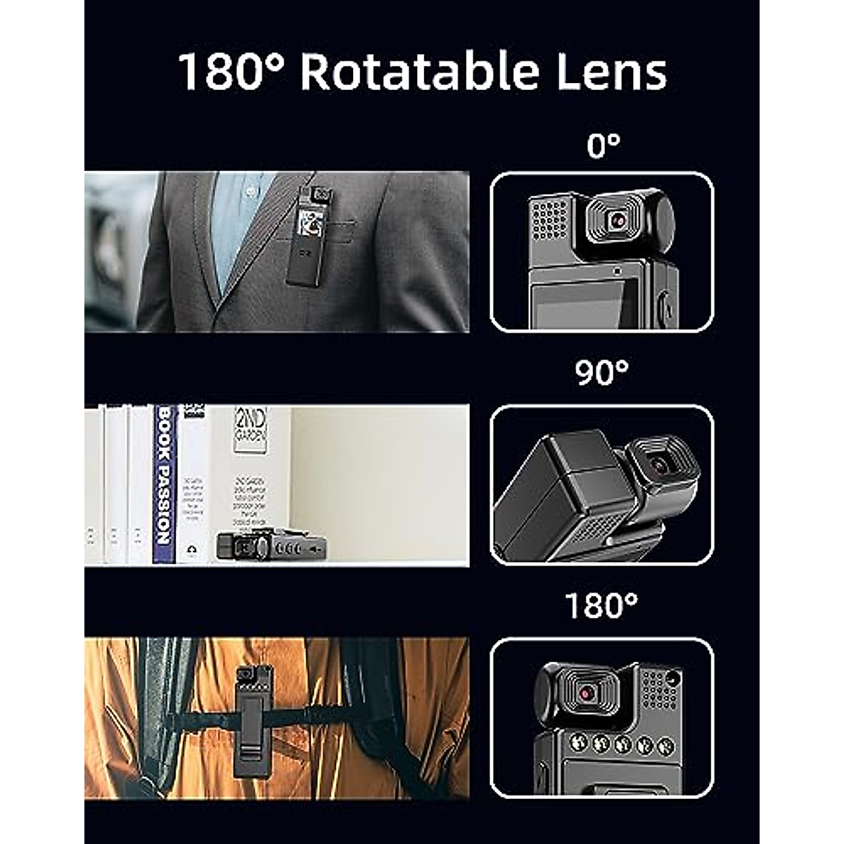 Mini Body Camera 1080P Portable Small Body Worn Cam Wearable Pocket Video Recorder with 180° Rotatable Lens, 1.3" LCD, Night Vision for Security Guard, Law Enforcement, Built-in 64G Memory Card
