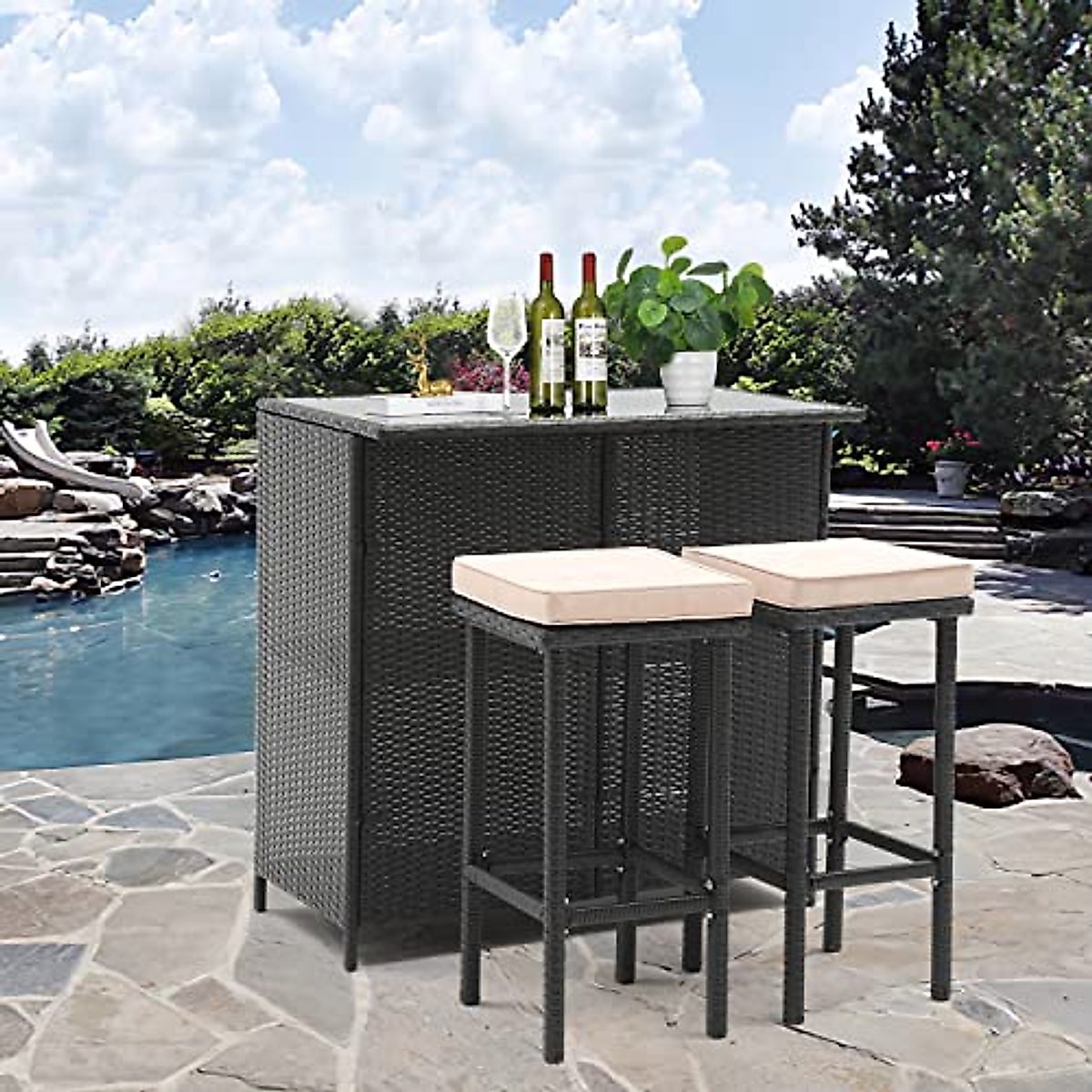 SoarFlash 3-Piece Outdoor Wicker Bar Set, Patio Rattan Bar Height Table Set with Stools, Cushion, Bistro Set for Poolside, Garden and Backyard, Beige