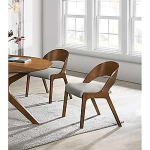 Meridian Furniture Woodson Collection Mid-Century Modern Dining Chair, Linen Textured Polyester Fabric, Walnut Veneer, Wood Legs, Set of 2, 19.88" W x 23.03" D x 30.20" H, Grey