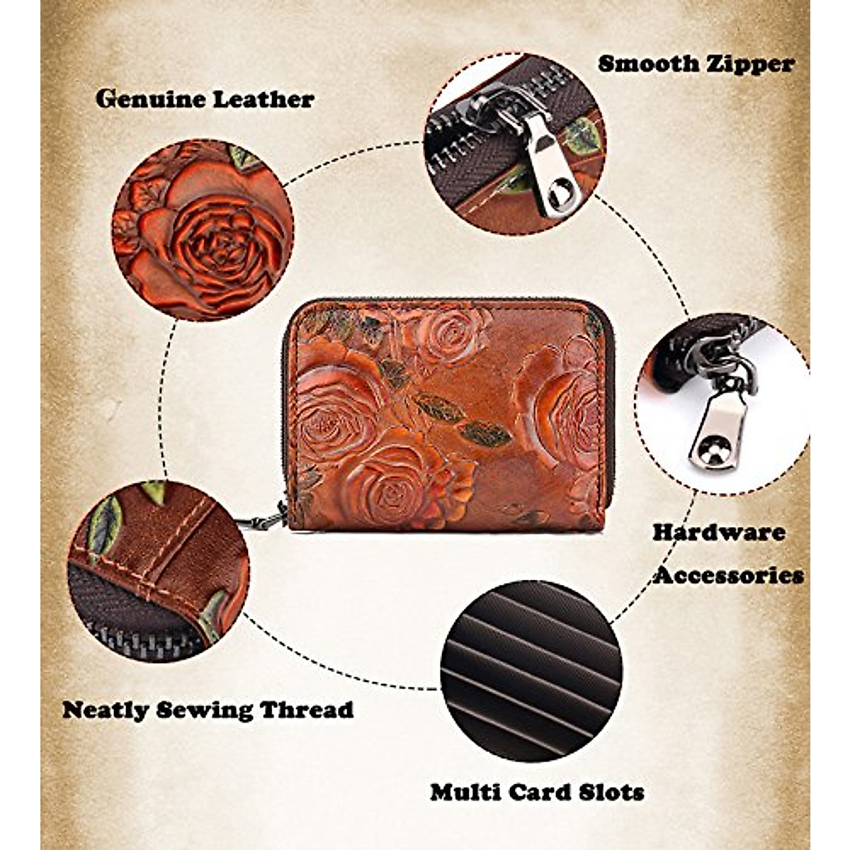 Women's Leather Zipper Wallet Card Organizer Ladies Small Purse with 12 Card Slots (Brown)