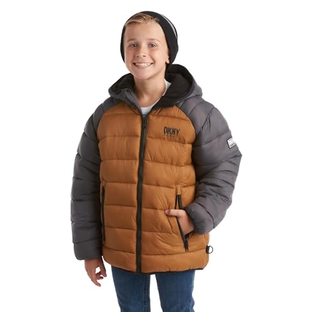 DKNY Boys' Winter Jacket - Midweight Polar Fleece Lined Quilted Insulated Parka Puffer Down Coat with Beanie Hat (Sizes:8-20), Size 10-12, Timber Tan/Charcoal