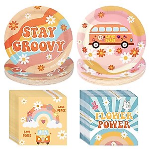100 PCS Groovy Paper Plates Napkins Boho Groovy Party Supplies 9 inch Disposable 60s 70s Daisy Love Peace Rainbow Party Plates and Napkins for Birthday Baby Shower Party Supplies