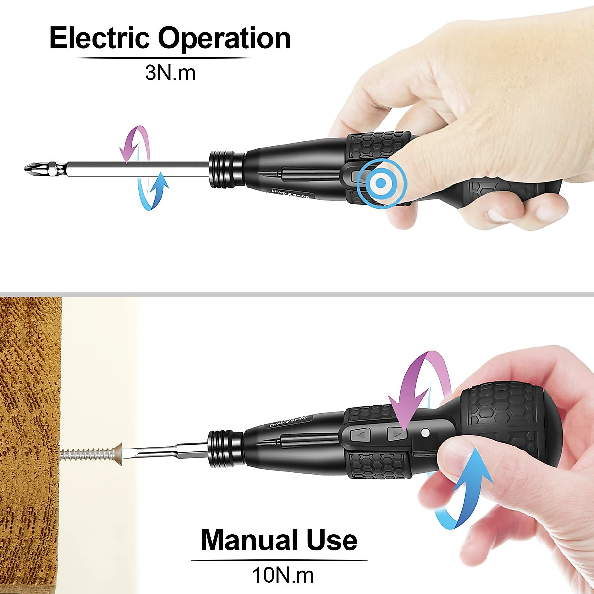 ERAVOR 3.6V Cordless Electric Screwdriver, Rechargeable Power Screwdrivers, Automatic Home Repair Tool with Non-slip handle & LED light, Includes 5pcs Bit, 1800mAh USB Rechargeable Battery - Black