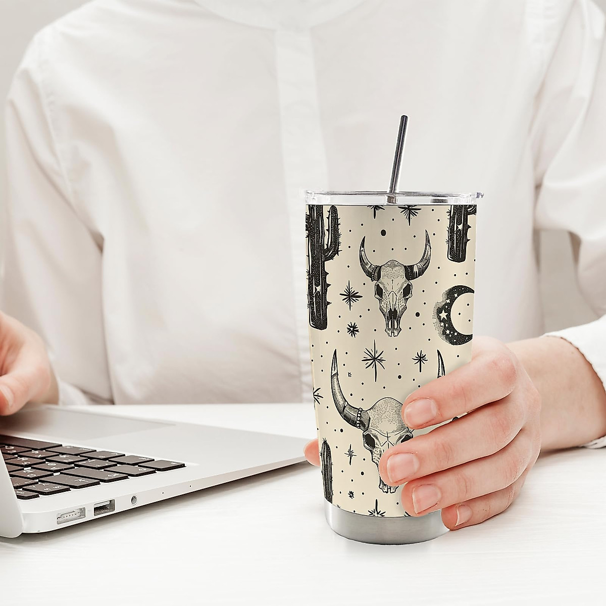 MOTERMATE Western Cow Skull 20oz Travel Coffee Mug Tumbler, Western Gifts for Women Coworker Him, Cowgirl Gifts, Desert Water Stainless Steel Tumbler with Lid and Straw