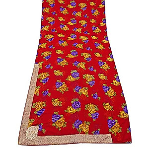Peegli Vintage Red Saree Floral Printed Curtain Drape Fabric Georgette DIY Craft Decor Sari