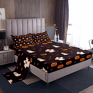 jejeloiu Pumpkin Lantern Sheet Set King Size Kids Halloween Sheets with Deep Pocket Fitted Sheet for Boys Girls Teens Pumpkin Lantern Bed Sheets Set Breathable Ghost Bedding Set Bat Bed Set