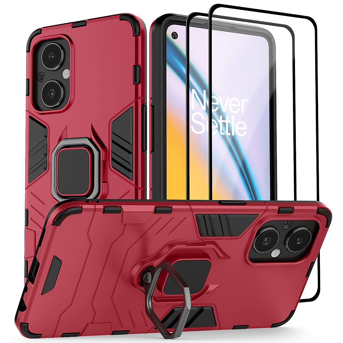 Lokyoo for Oneplus Nord N20 5G Case with Tempered Glass Screen Protector [2pcs], 1+ Nord N20 5G, Full Protective Case with Metal Ring Magnetic Support Kickstand for Oneplus Nord N20 Red
