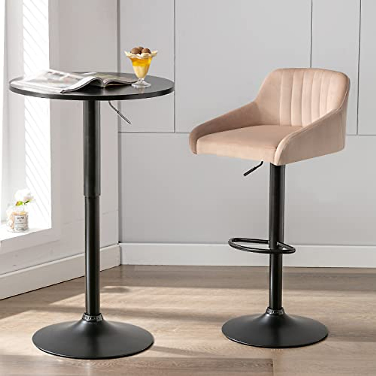 Fefances Bar Stools Counter Height Bar Stool Velvet Swivel Bar Stools Height Adjustable with Black Metal Base Khaki