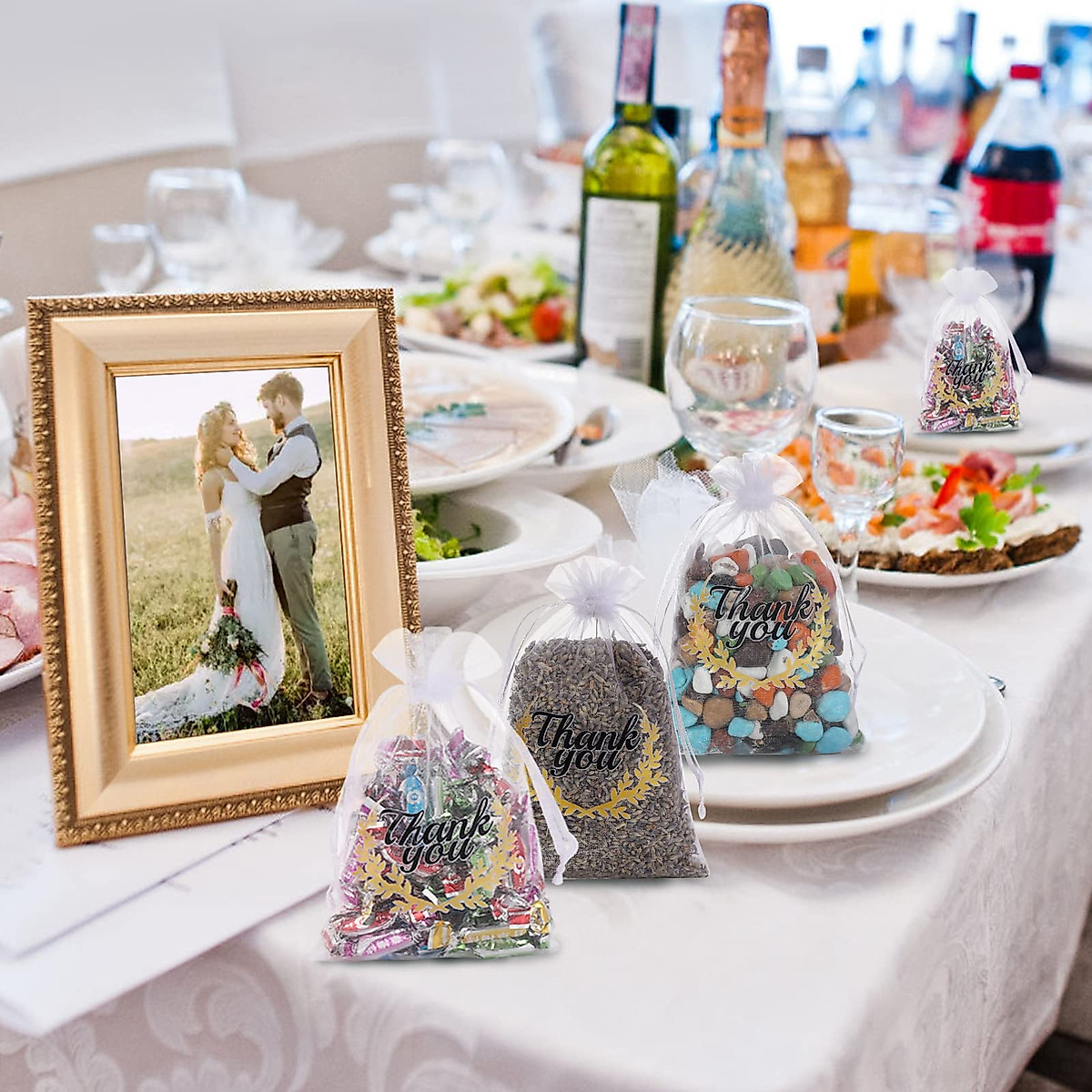 Hopttreely Small Thank You Bags Sheer Organza Bags, 100Pcs Wedding Favor Bags with Drawstring, 4X6 Jewelry Gift Bags for Party, Jewelry, Christmas, Festival, Makeup Mesh Favor Bags (White)