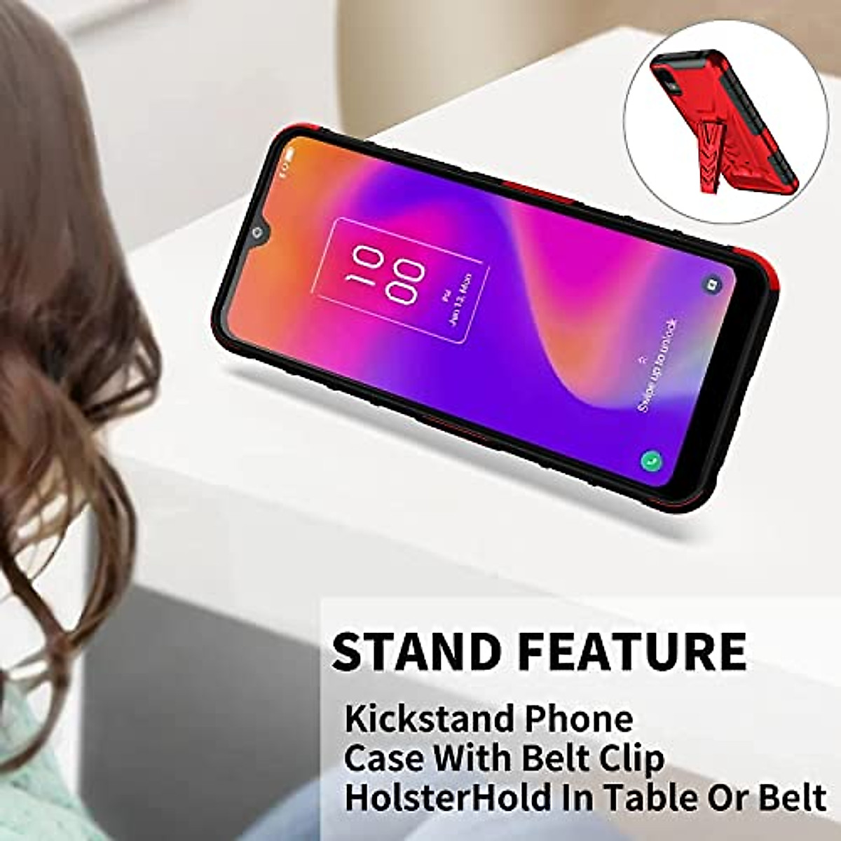YJROP for TCL A3/A30/ion z Case with Tempered Glass Screen Protector Protection Cover Shockproof Heavy Duty [Military-Grade] Rugged Phone Case with Kickstand for TCL A3/A30/ion z (2022) 5.5" (red)