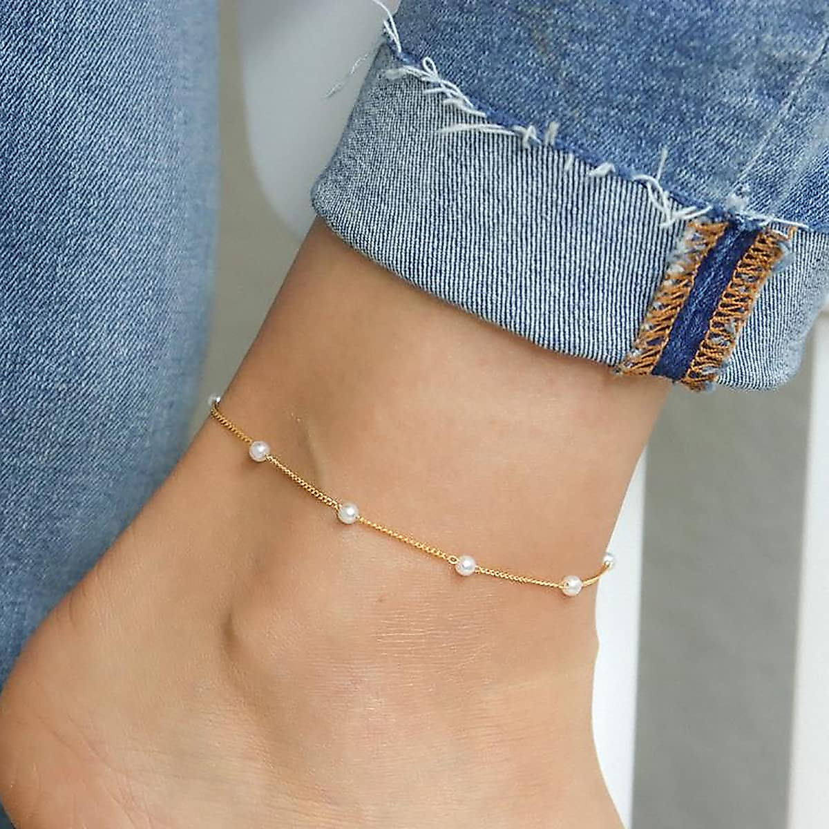 Tasiso 14K Gold Plated Handmade Pearl Anklet Dainty Minimalist Pearl Chain Ankle Bracelets Waterproof Boho Summer Jewelry 8.3"