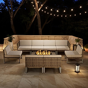 SUNPEAK Patio Furniture Set Outdoor Furniture Sectional Couch Fire Pit Table and Chairs Set with Propane Firepit (Light Brown Wicker, 9 pcs/42‘’ Rectangular Fire Pit)