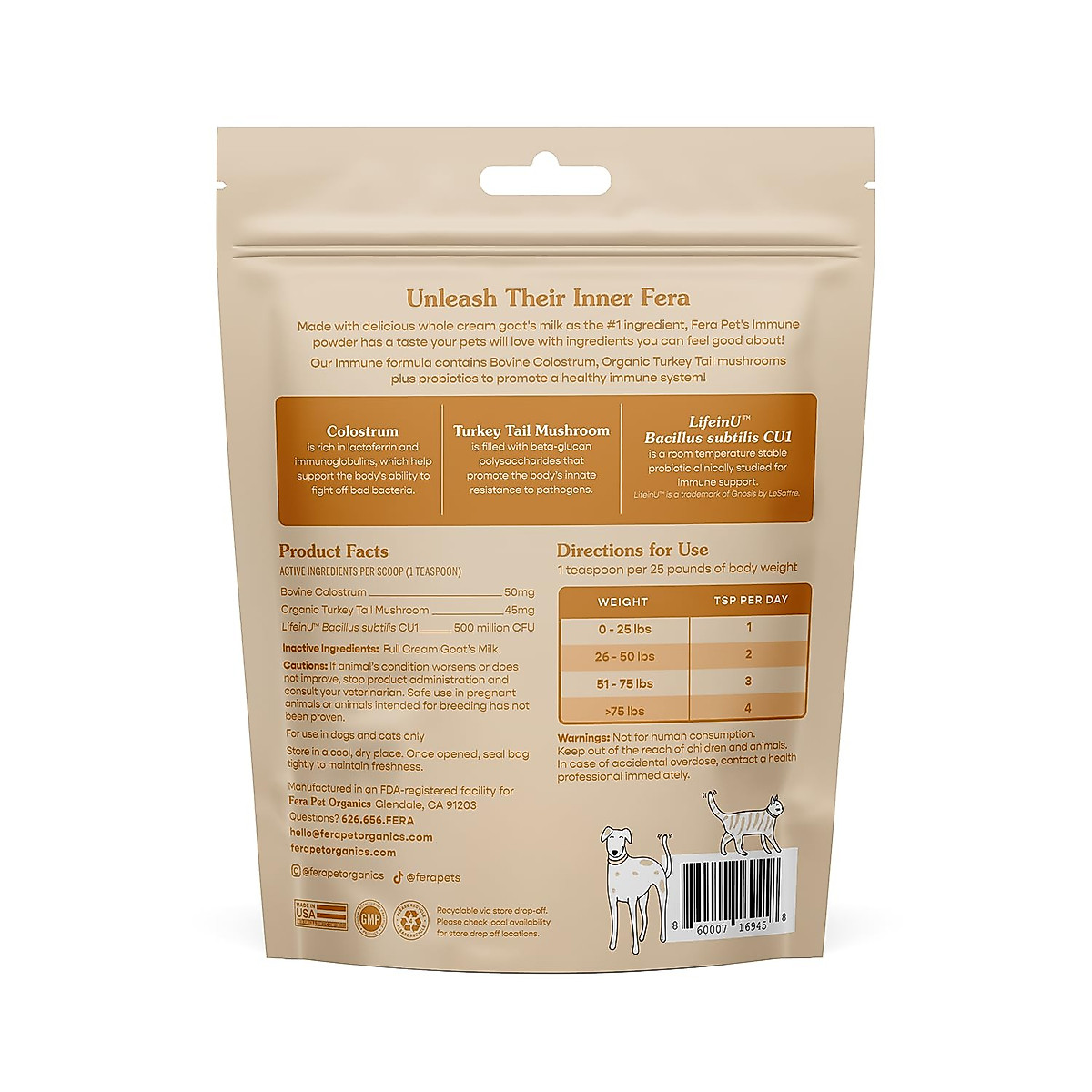 Fera Pet Organics Immune Goat Milk Cat & Dog Food Topper – Vet Created - Pet Allergy & Immunity Aid – Probiotic - Colostrum & Turkey Tail Mushroom-60 Servings