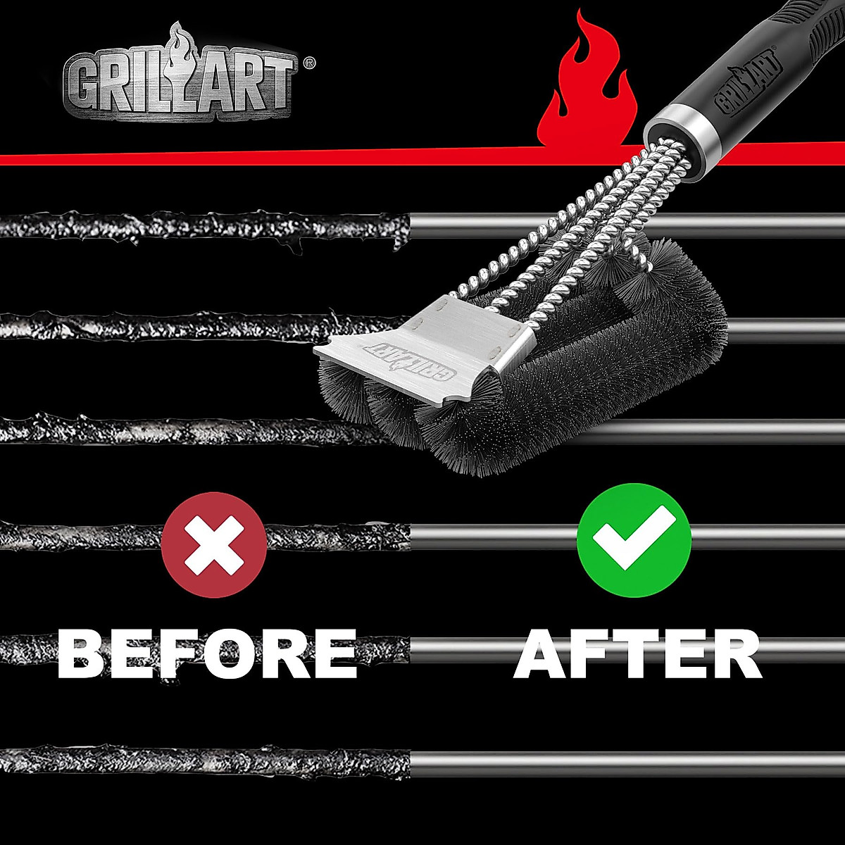 GRILLART Grill Brush and Scraper, Extra Strong BBQ Cleaner Accessories, Safe Wire Bristles 18" Barbecue Triple Scrubbers Cleaning Brush for Gas/Charcoal Grilling Grates, Wizard Tool BR-8115