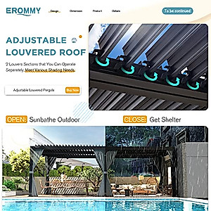 EROMMY 12' x 20' Outdoor Louvered Pergola, Patio Hardtop Gazebo, Sun Shade Shelter, Adjustable Metal Roof Hardtop Gazebo for Deck Patio Garden Yard, Curtains and Netting Included, Gray-Black