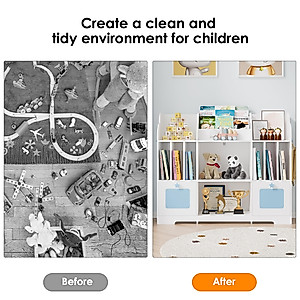 FACBOTALL Kids Bookshelf with 2 Drawers, 3 Tier Wooden Toy Storage Organizer, Wavy-Patterned Toy Box for Boys & Girls, Toddler Book Shelf for Kids Rooms, Nursery, Playroom, Living Room, White & Blue