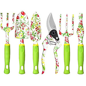 Garden Tool Set, 6 PCS Heavy Duty Aluminum Gardening Hand Tools Kit, Floral Print Gardening Tool Set, Gardening Gifts for Women with Pruning Shears Weeder Hand Rake Shovel Transplanter Cultivator
