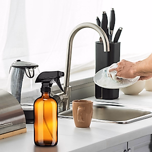 Sally's Organics Empty Amber Glass Spray Bottle - Large 16 oz Refillable Container for Essential Oils, Cleaning Products, or Aromatherapy - Black Trigger Sprayer w/Mist and Stream Settings - 6 Pack