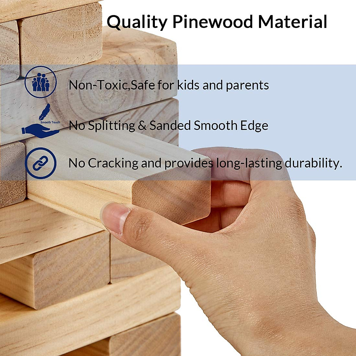 ApudArmis Giant Tumble Tower (Stack from 2Ft to Over 4.2Ft), 54 PCS Pine Wooden Stacking Timber Game with 1 Dice Set - Classic Block Giant Outdoor Game for Teens Adults Family