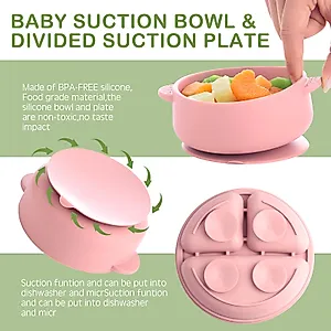 Dandat 24 Pcs Silicone Baby Feeding Set, 6 Baby Toddler Suction Bowls 6 Divided Suction Plates with 6 Forks 6 Spoons, Baby Utensils Set for Weaning Infant Feeding and Eating, 6 Styles (Bright Color)