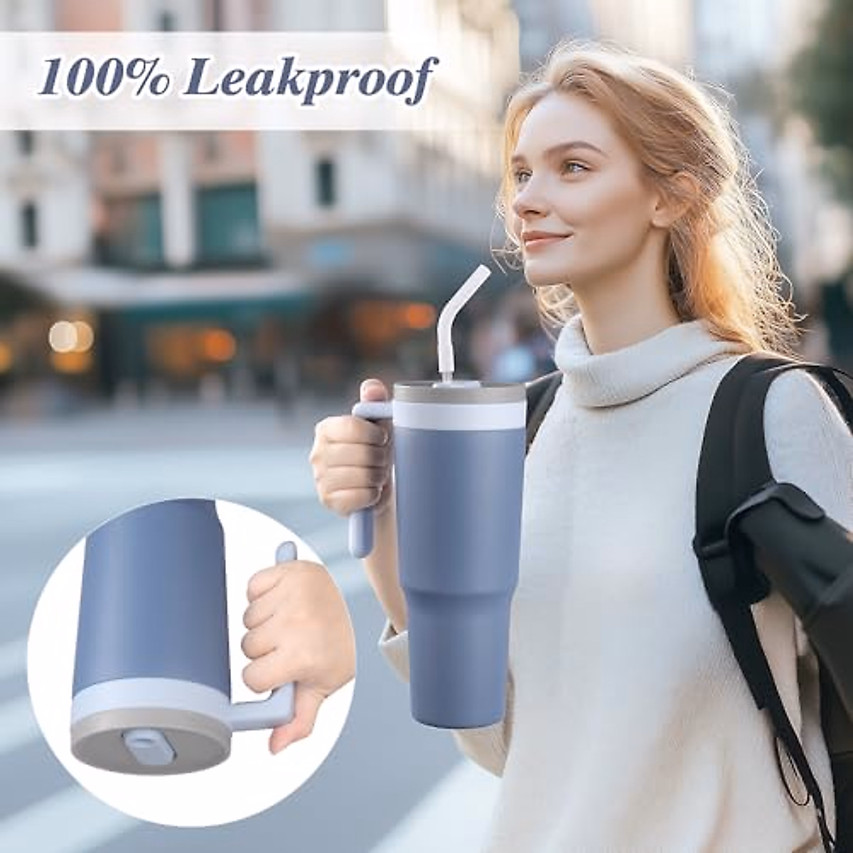PHILORN 40 oz Tumbler with Handle and Straw Lid, 100% Leak-proof Stainless Steel Tumbler，Large Travel Water Mug Vacuum Insulated Spill Proof for Cold Coffee and Tea - Gifts for Women Men