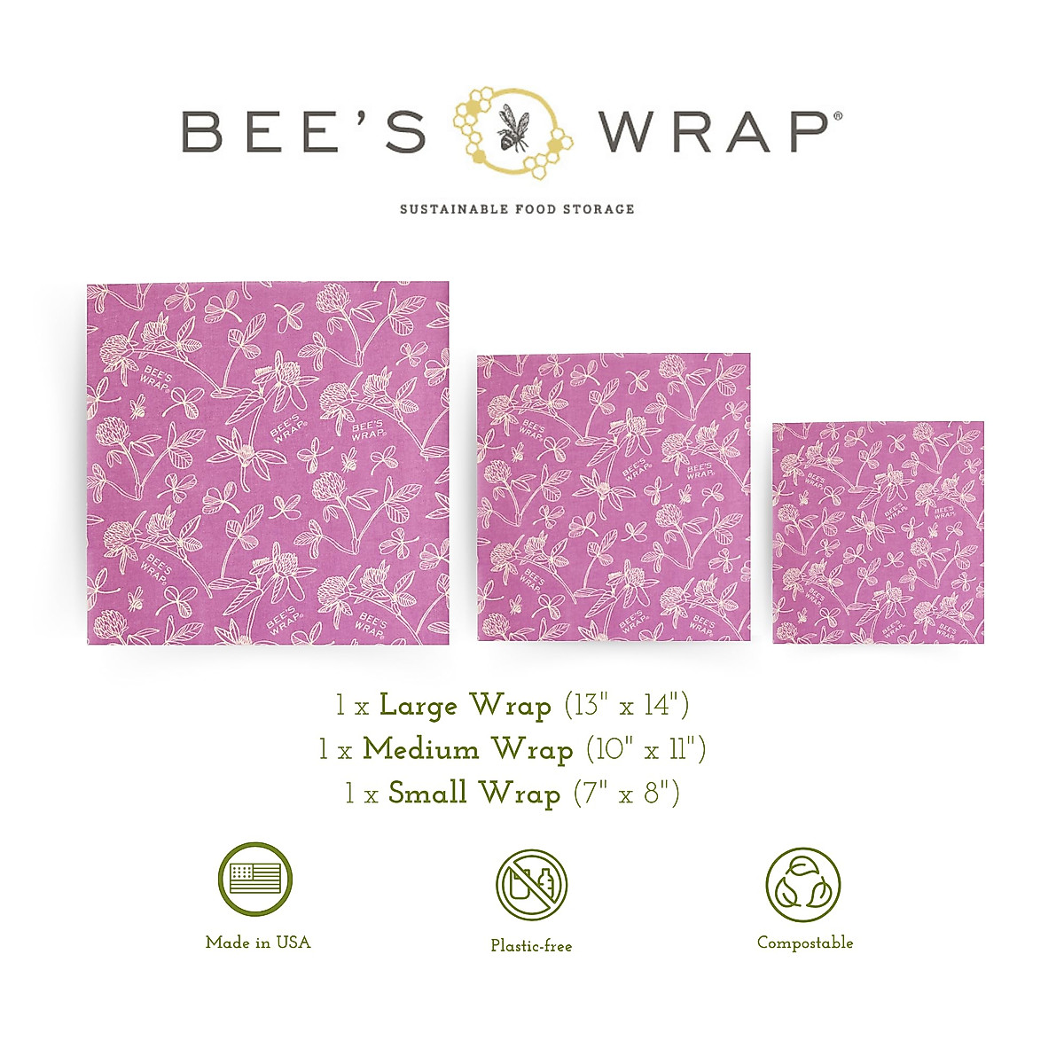 Bee's Wrap - 3 piece value pack - Made in the USA with Certified Organic Cotton - Plastic and Silicone Free - Reusable Eco-Friendly Beeswax Food Wrap - 3 sizes (S, M, L)