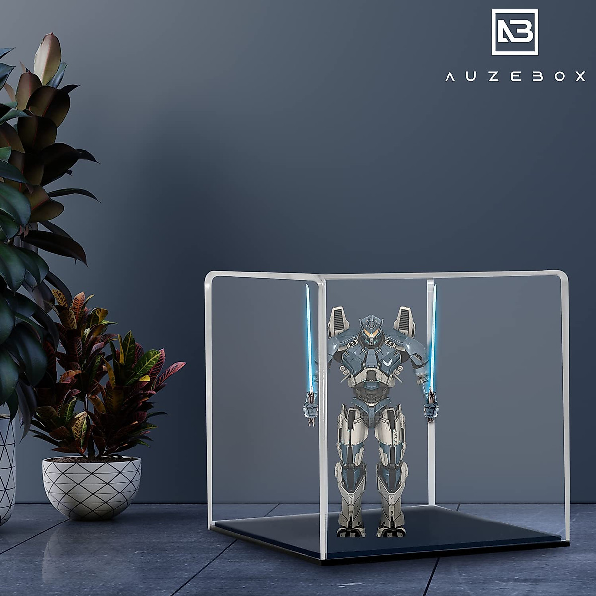 AUZEBOX Acrylic Display Case with Black Base- Highly Transparent, Dustproof and Clear Vision Lego Display Case for Action Figures, Legos, Trophy, Model Cars, and Any Toy Collectables 4x4x4 Inches