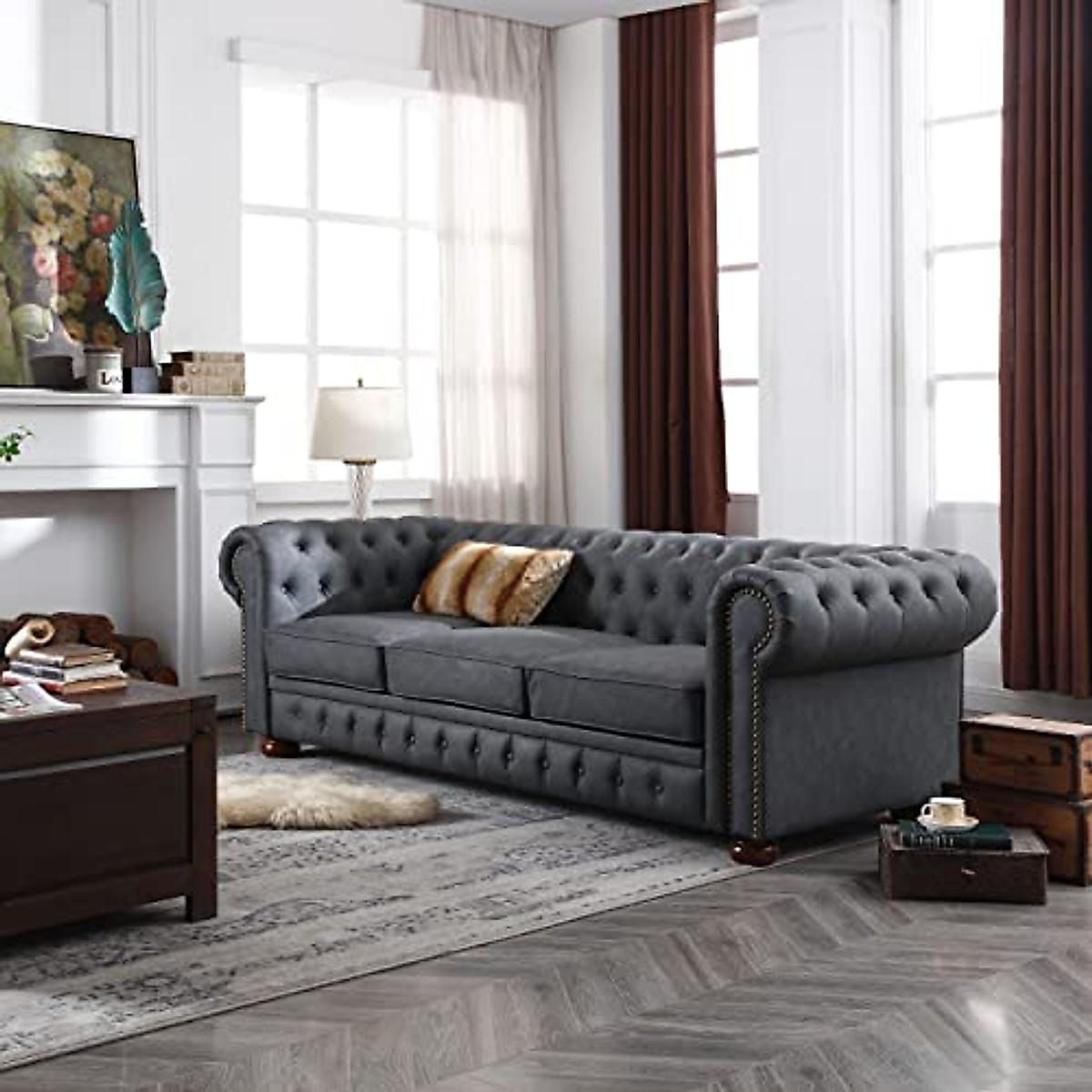 EMKK 88" Chesterfield Leather for Living Room,3 Seater Sofa Button Tufted Nailhead Trimming Rolled Arms with Wood Legs,Bedroom,Office, Dark Gray PU