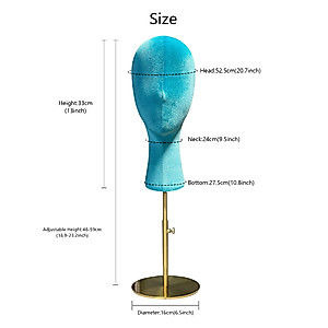 Female Display Velvet Head Dress Form with Adjustable Golden Round Base,Fully Pinnable Head Can Wear Earring! Head for Hat Wig Jewelry Display,Clothing Fabric Head Model, Sky Blue 33cm
