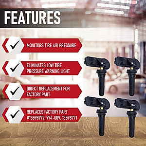 Replacement TPMS Sensor Set of 4 - Compatible with Buick, Cadillac, Chevrolet, GMC, Hummer, Pontiac, Saab, Saturn - Replaces 13598772, 974-009, 13598771-315mhz - Tire Pressure Monitoring System