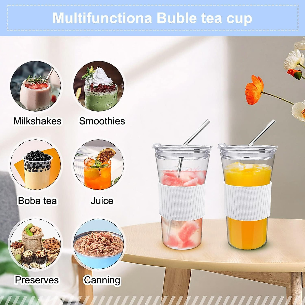 2 pcs Iced Coffee Cups with Lids, 16 oz Glass Cups with Lids and Straws, Reusable Tumbler with Silicone Sleeve, Wide Mouth Can Shaped Drinking Glasses for Coffee Juice Water Smoothie (White)