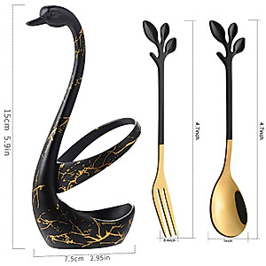 AnSaw Black Swan Base Holder with 5-Pieces 4.7-inch Small Coffee Spoons And 5-Pieces Dessert Fork,Leaf Handle Set (Black & Gold)
