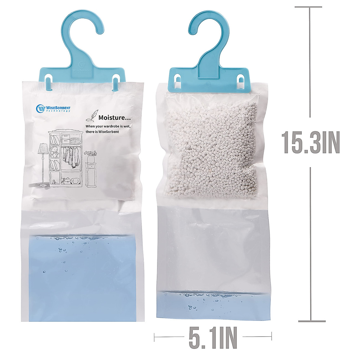 Wisesorb Moisture Absorber Packets with Plastic Case & Hook, Odor Eliminator, Leak Proof, Fragrance Free, Humidity Packs, Hanging Closet Dehumidifier Bags, Moisture Absorber (4 Packs)