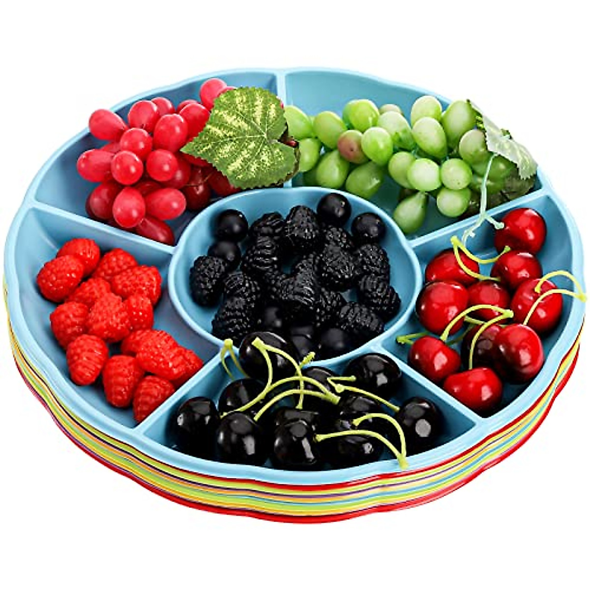 Frcctre 20 Pack 6 Sectional Round Plastic Appetizer Serving Platter, 12 Inch Disposable Divided Snack Serving Platter Food Tray Nut and Candy Serving Platter Veggie Fruit Dish Platter