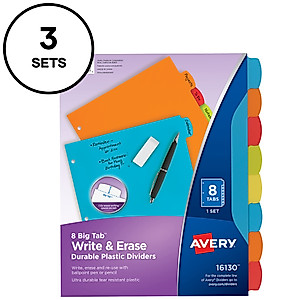 Avery Big Tab Write & Erase Durable Plastic Dividers, 8-Tab Set, Multicolor Brights, 3 Sets (21210)