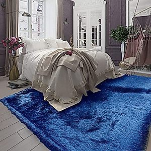 8x10 Feet Navy Blue Dark Blue Color Solid Plush 3D Pile Decorative Designer Area Rug Carpet Bedroom Living Room Indoor Shag Shaggy Shimmer Shiny Glitter Furry Flokati Plush Pile Modern Contemporary